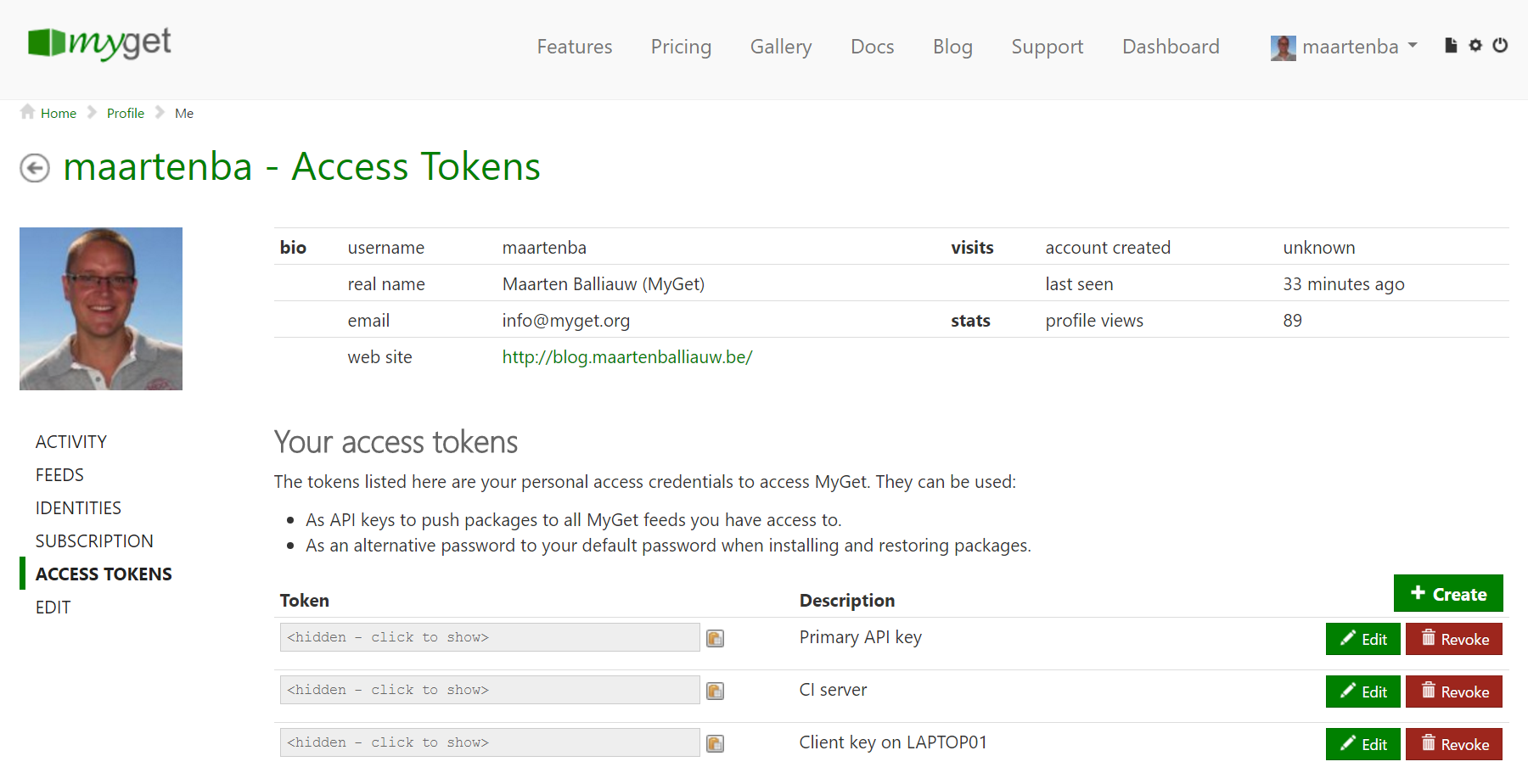 Managing access tokens · MyGet Documentation